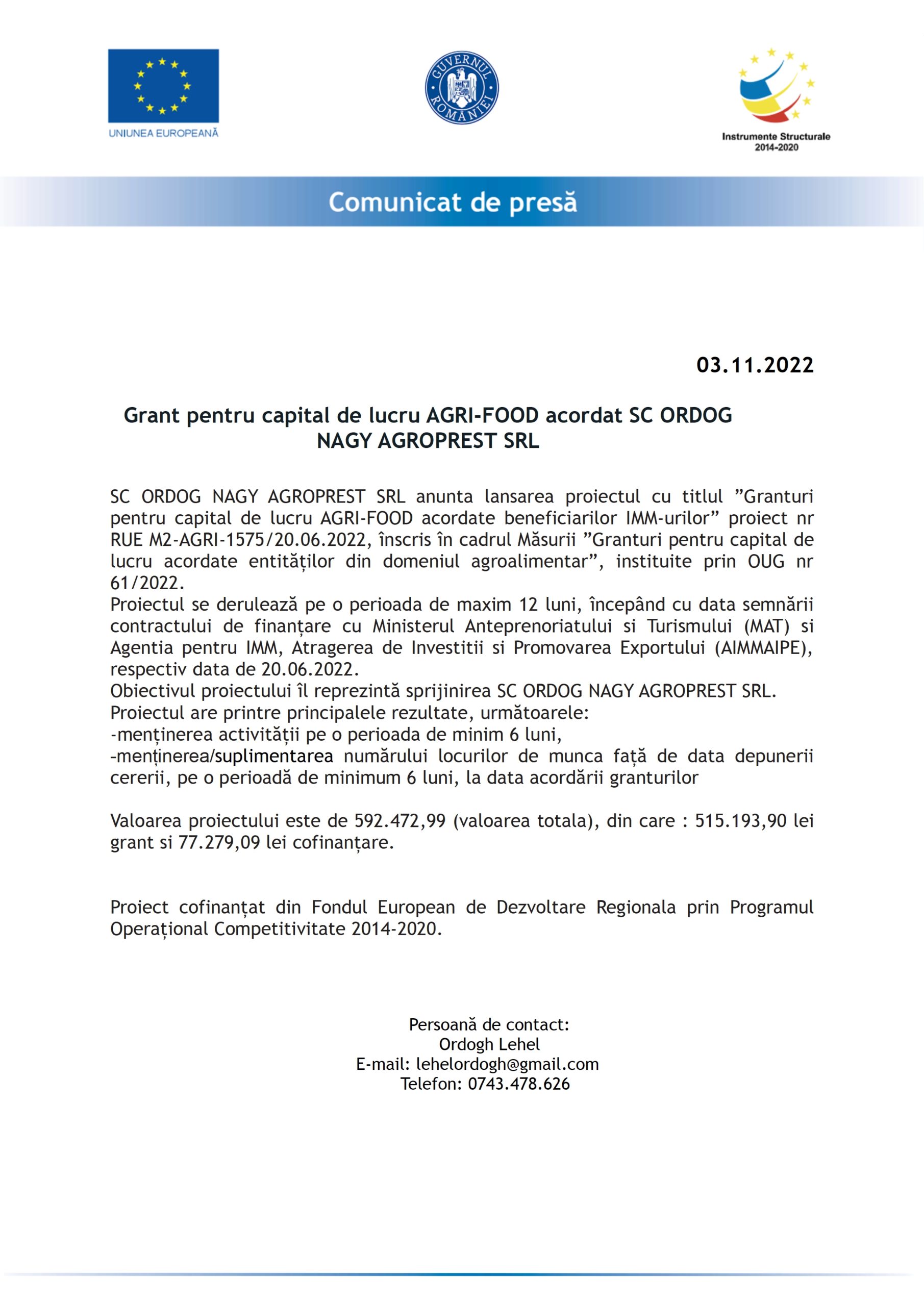Grant pentru capital de lucru AGRI-FOOD acordat SC ORDOG NAGY AGROPREST ...