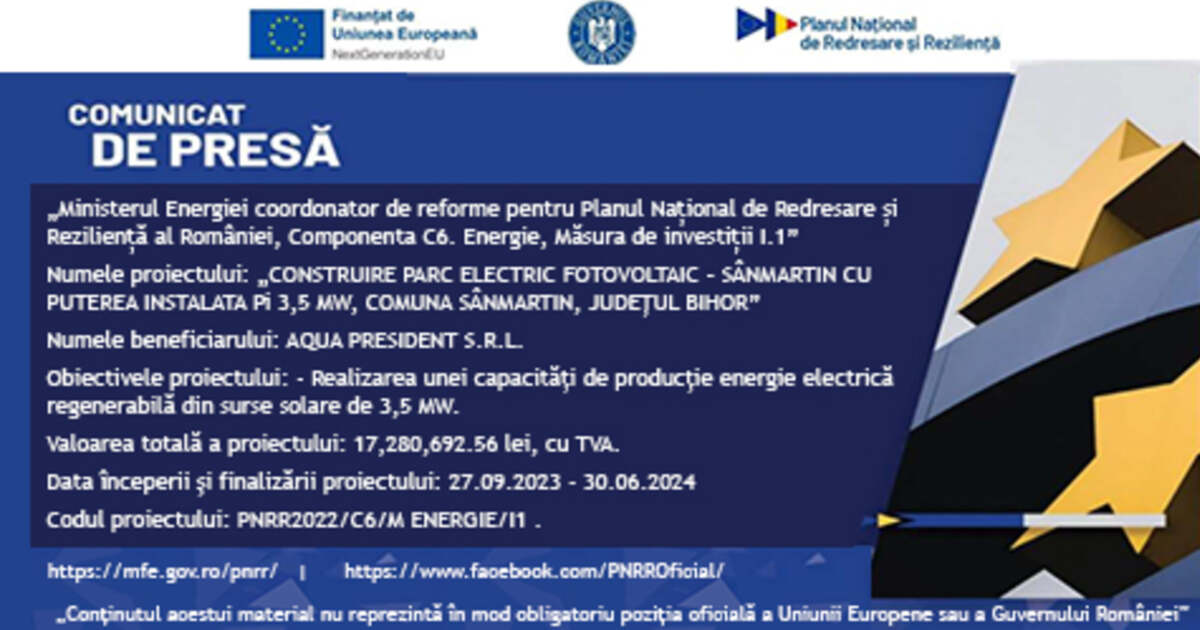Anunț începere implementare proiect: “CONSTRUIRE PARC ELECTRIC ...