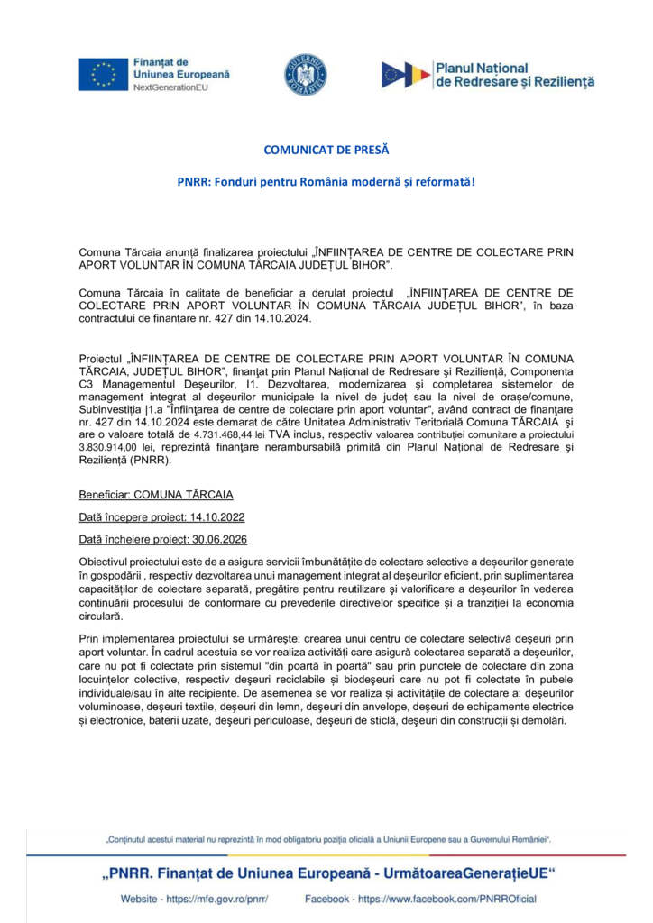 Anunt finalizare proiect PNNR Comuna Tarcaia - BIHON