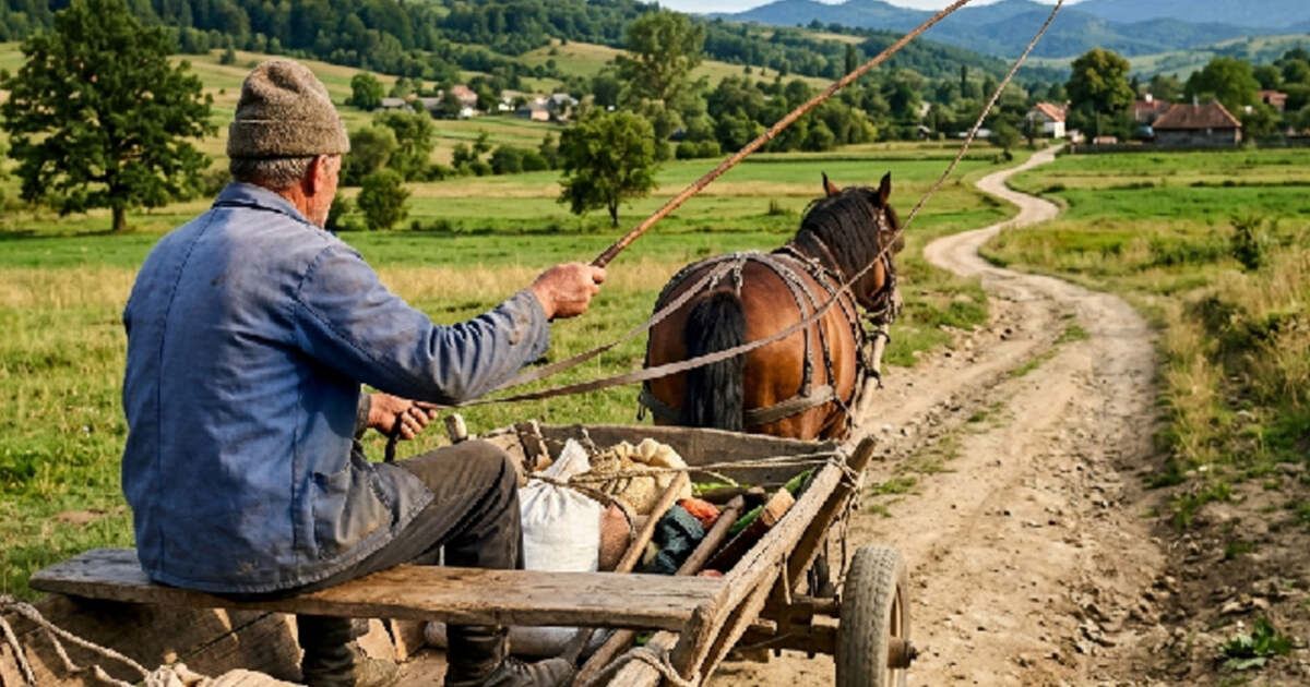 Cal biciuit și pus să tragă o căruță, în timp ce căruțașul ținea frâna ...